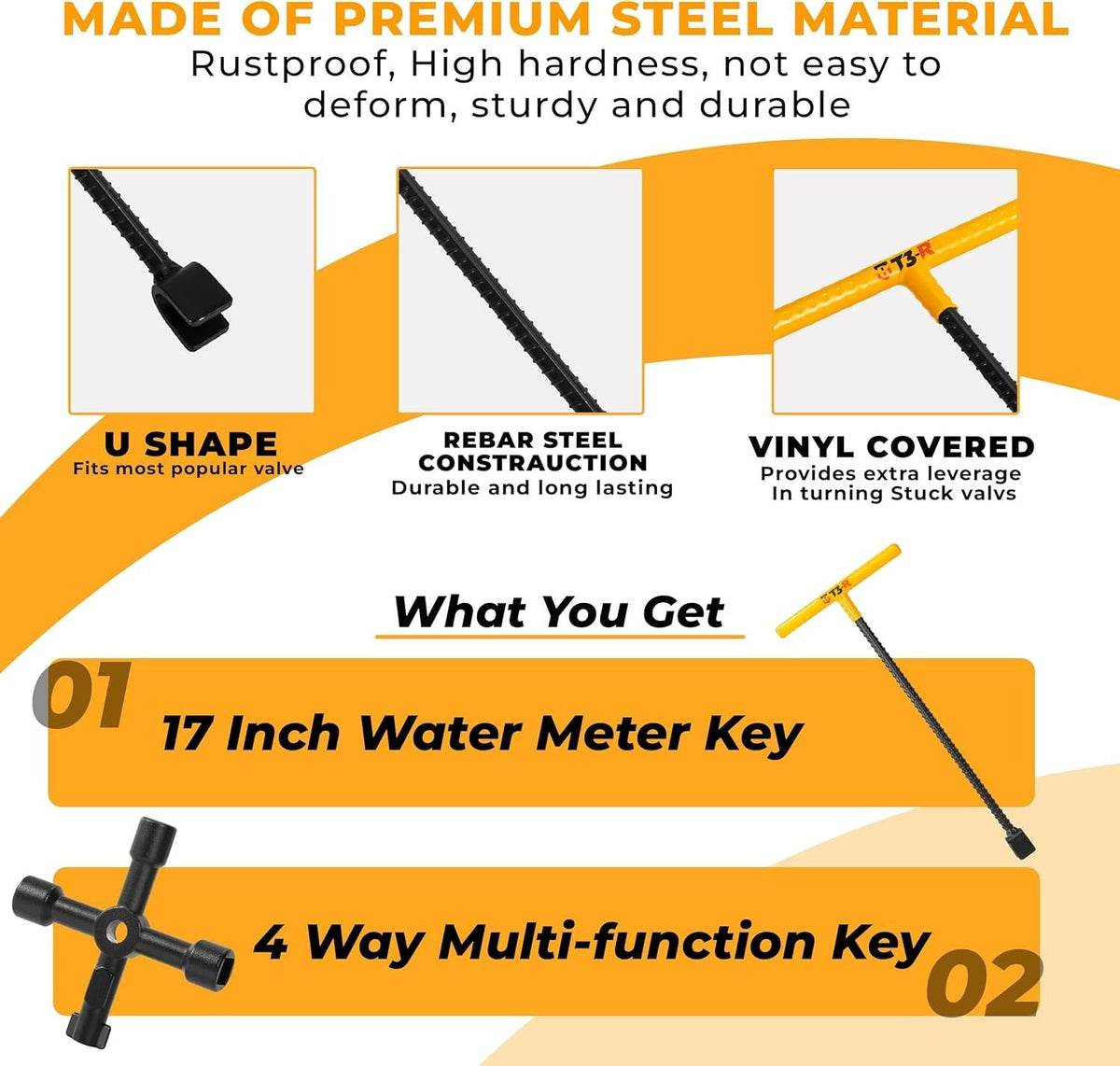 T3-R Water Meter Key 17 Inch - 4-way Multi-Functional Utility Key